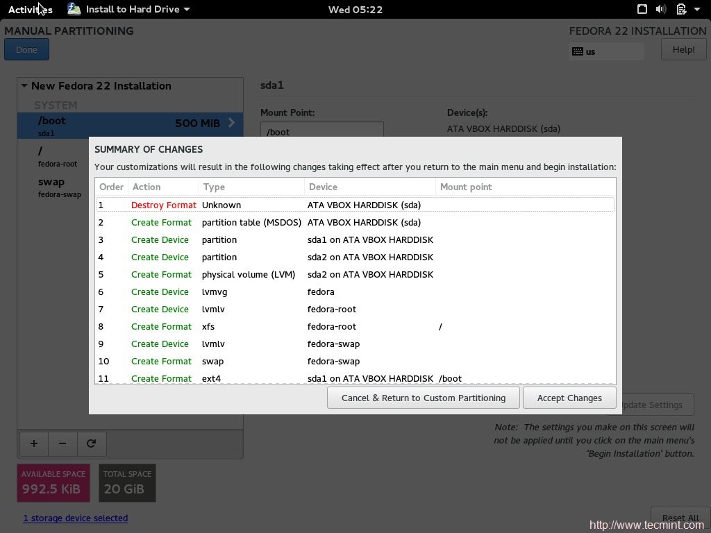 Installation of "Fedora 22 Workstation" with Screenshots