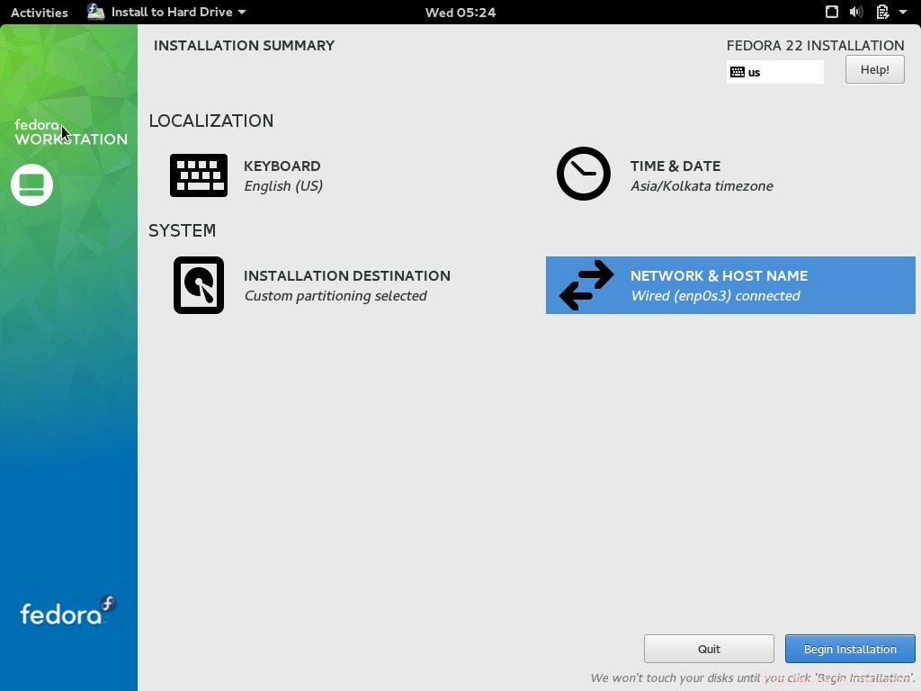 Installation of "Fedora 22 Workstation" with Screenshots