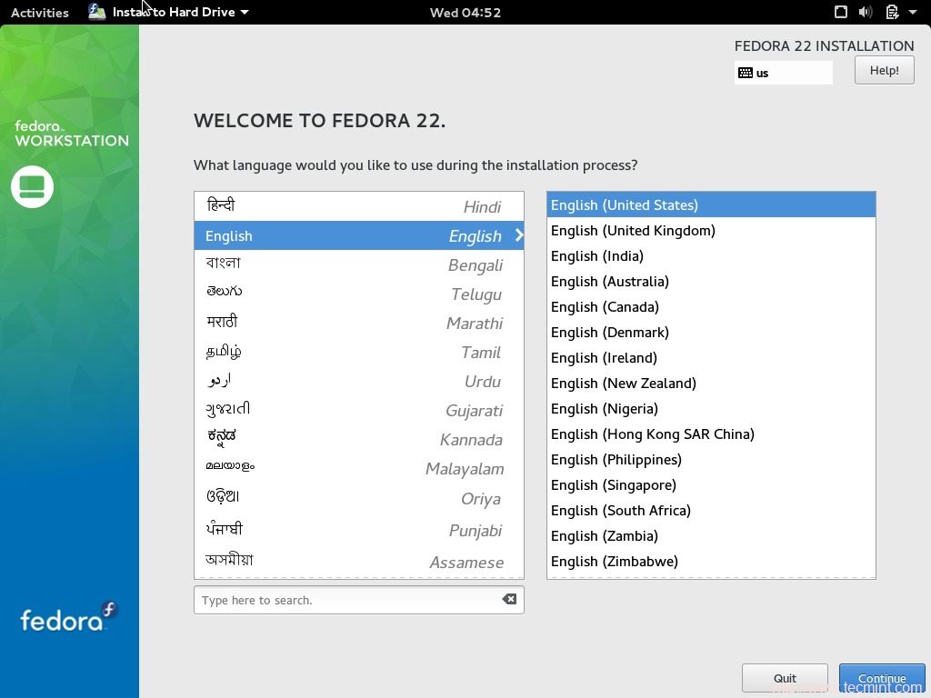 Installation of "Fedora 22 Workstation" with Screenshots