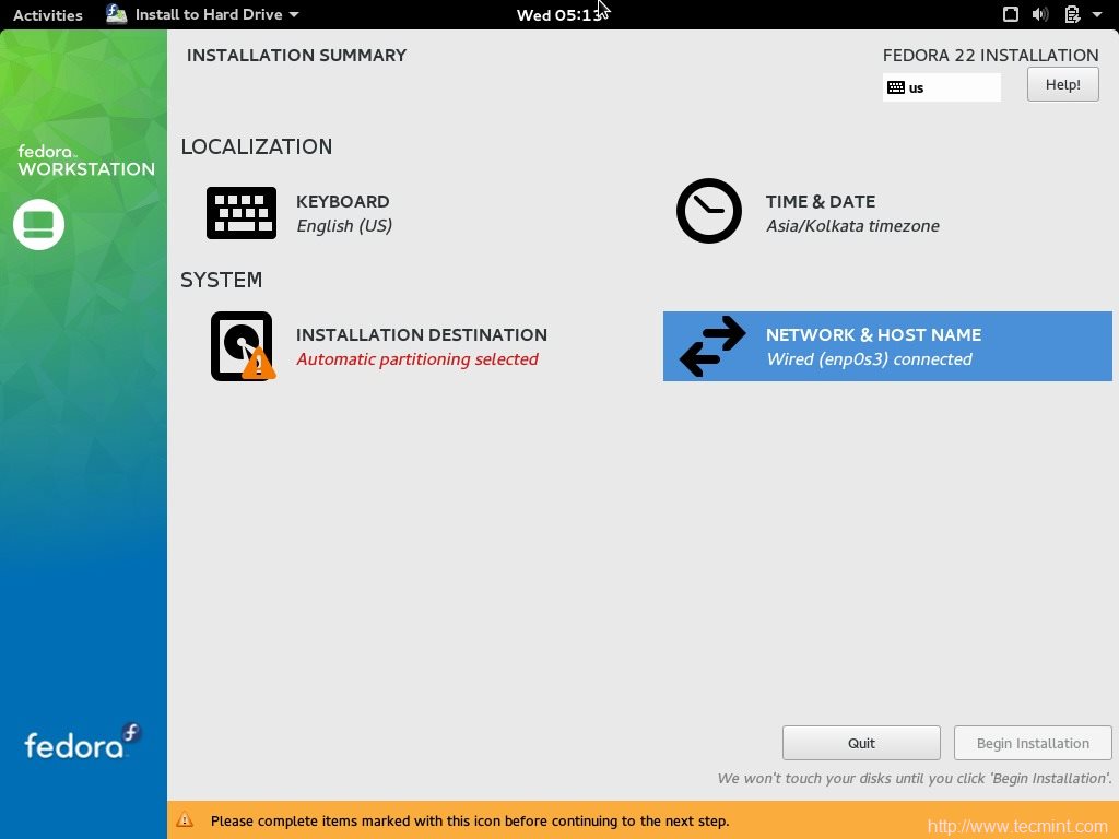Installation of "Fedora 22 Workstation" with Screenshots