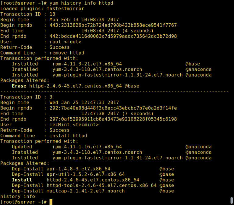 How to Use 'Yum History' to Find Out Installed or Removed Packages Info