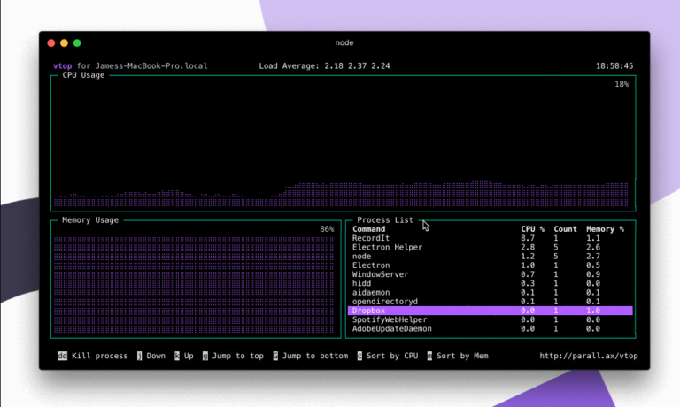 vtop - A Linux Process and Memory Activity Monitoring Tool